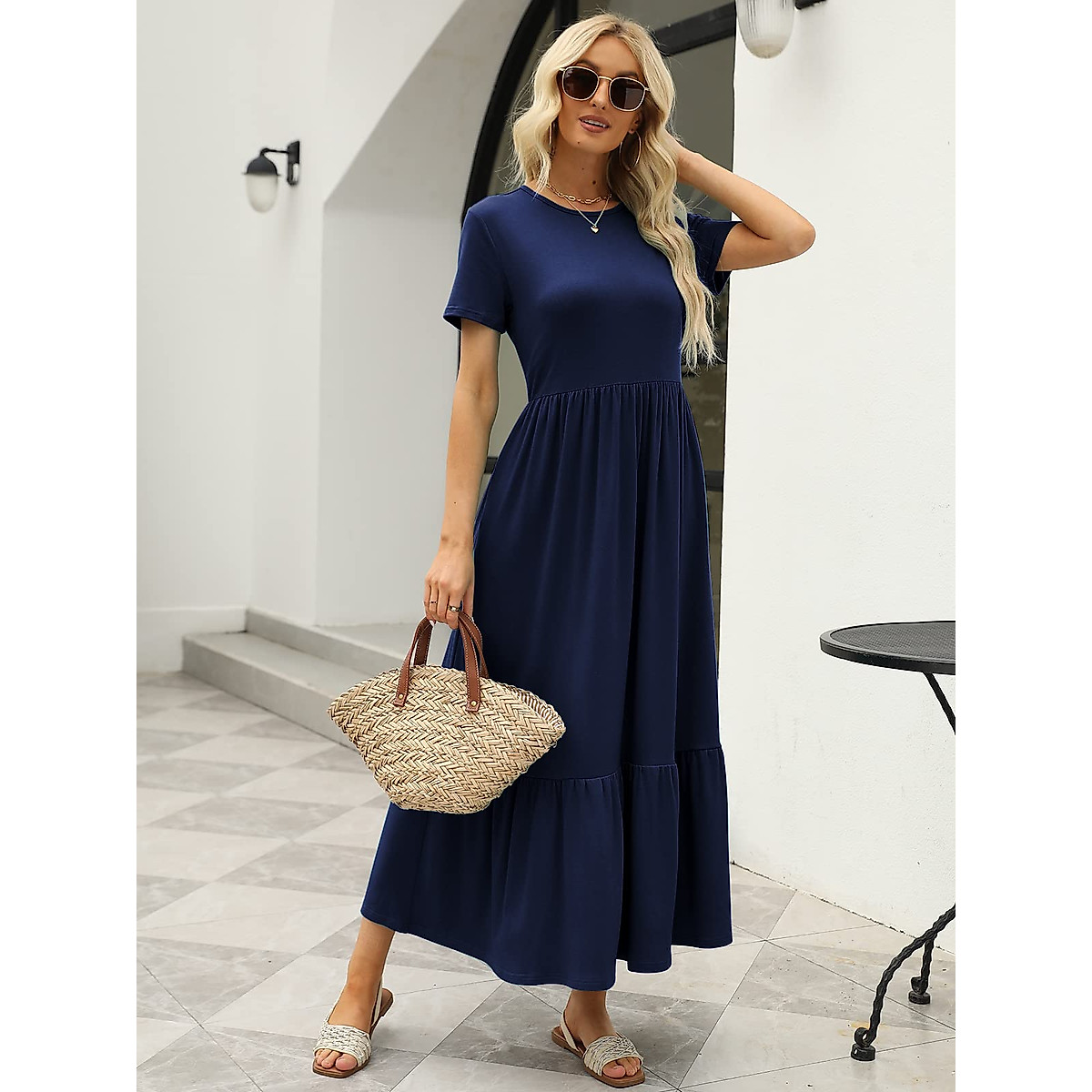 LILLUSORY Womens Short Sleeve Crew Neck Tiered Flowy Swing Midi Dresses with Pockets Navyblue