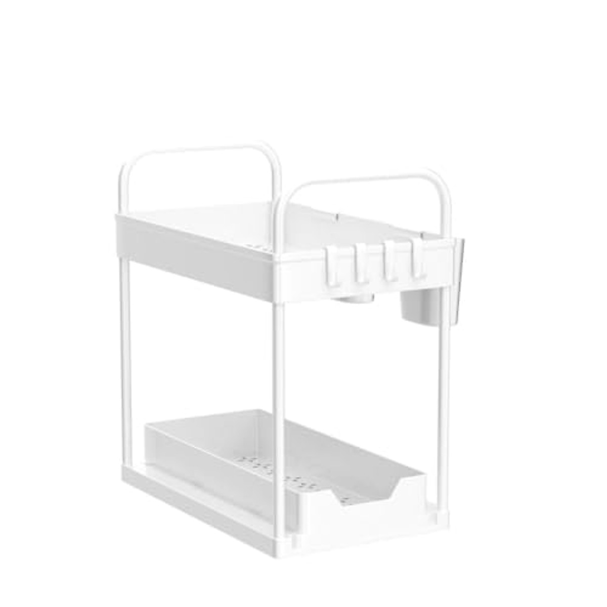 Under Sink Organizer, 2 Tier Sliding Bathroom Organizer Cabinet Storage with Hooks, Hanging Cups, Handles, Multi-purpose Under Sink Shelf Organizer for Bathroom Kitchen(1 Pack)