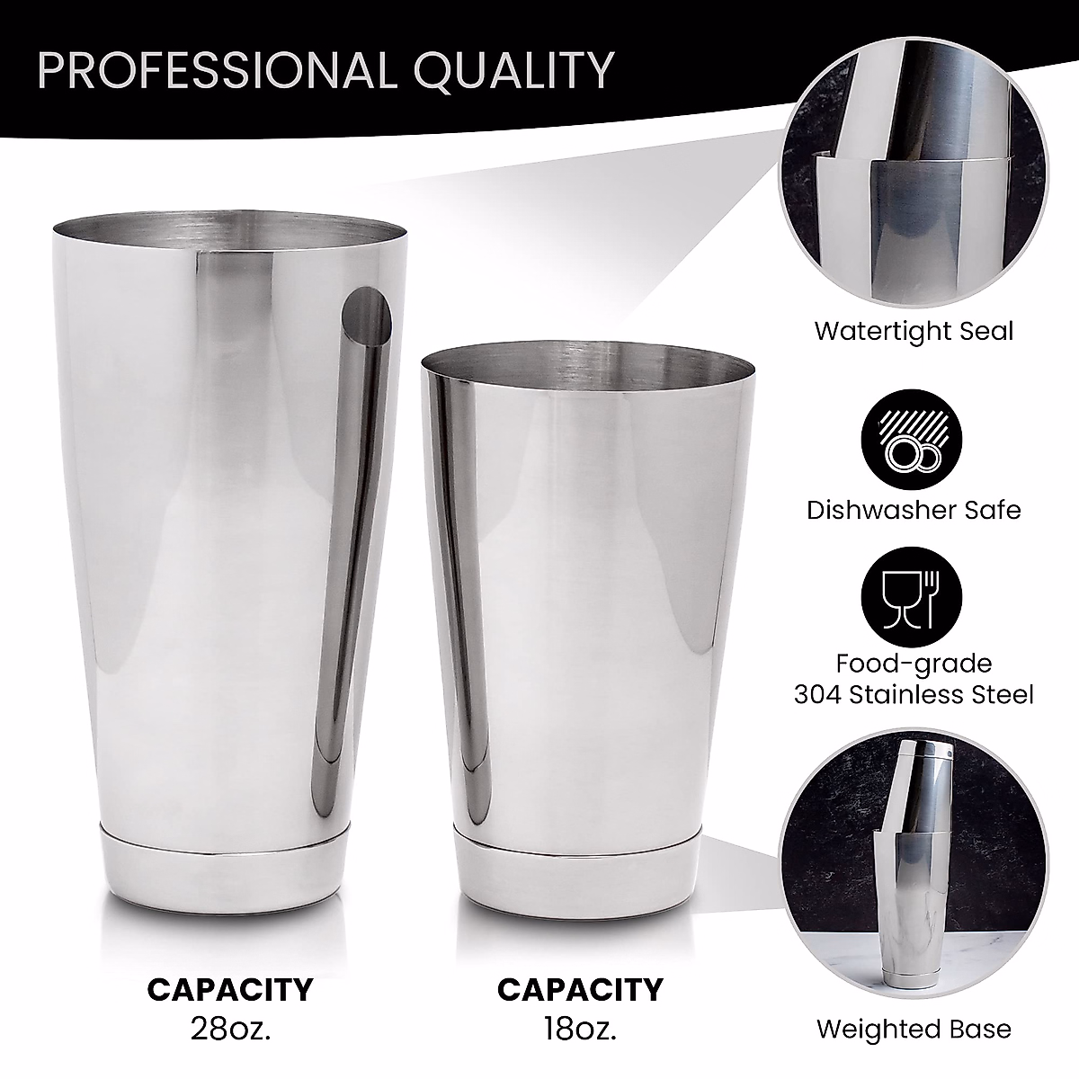 The Art of Craft Professional Bartending Set for Shaken and Stirred Drinks: Boston Cocktail Shaker, Hawthorne Strainer, Japanese Jigger, Bar Spoon and Crystal Mixing Glass