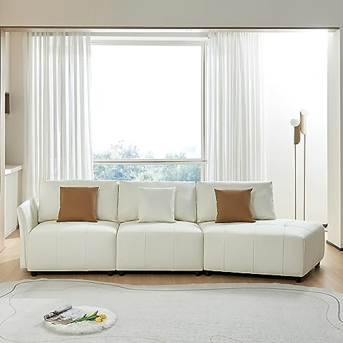 Haplized Modern Genuine Leather Sectional Sofa Couch, Sectional Couches for Living Room, Upholstered 3 Seater Couch for Compact Small Space, Apartment, Bedroom, Dorm, Office, Beige