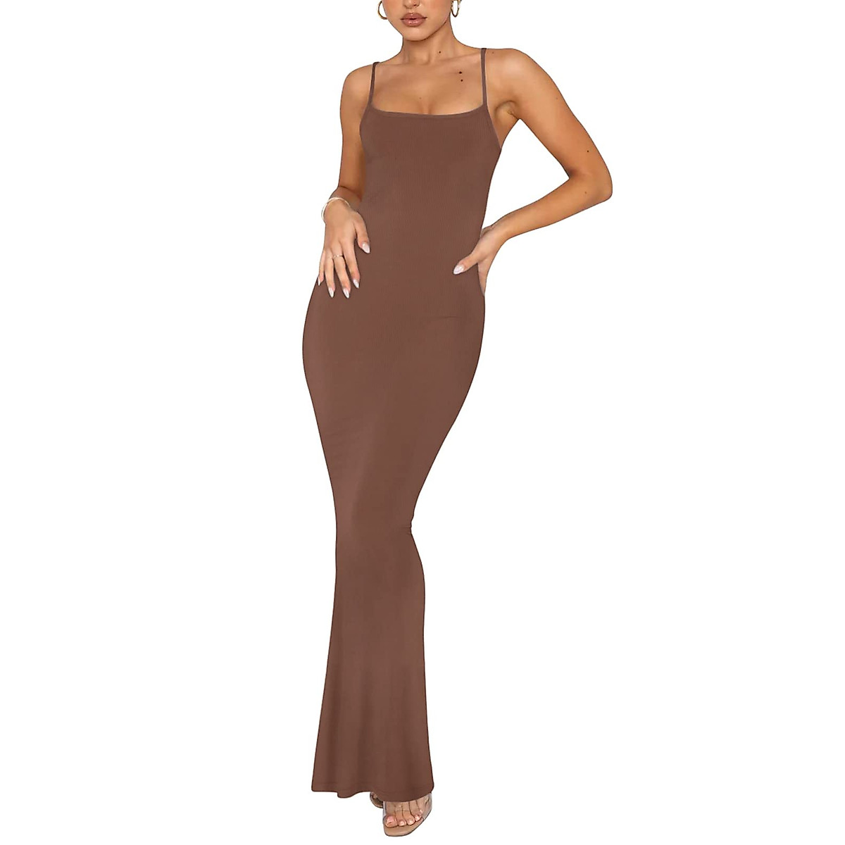 REORIA Women's Sexy Casual Lounge Slip Long Dress Elegant Wedding Guest Sleeveless Backless Ribbed Bodycon Maxi Dresses Coffee X-Small