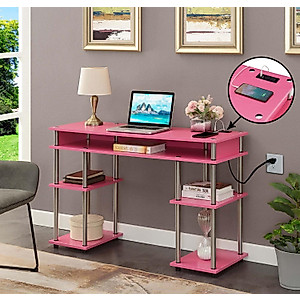 Convenience Concepts Designs2Go No Tools Student Desk with Charging Station and Shelves, Pink