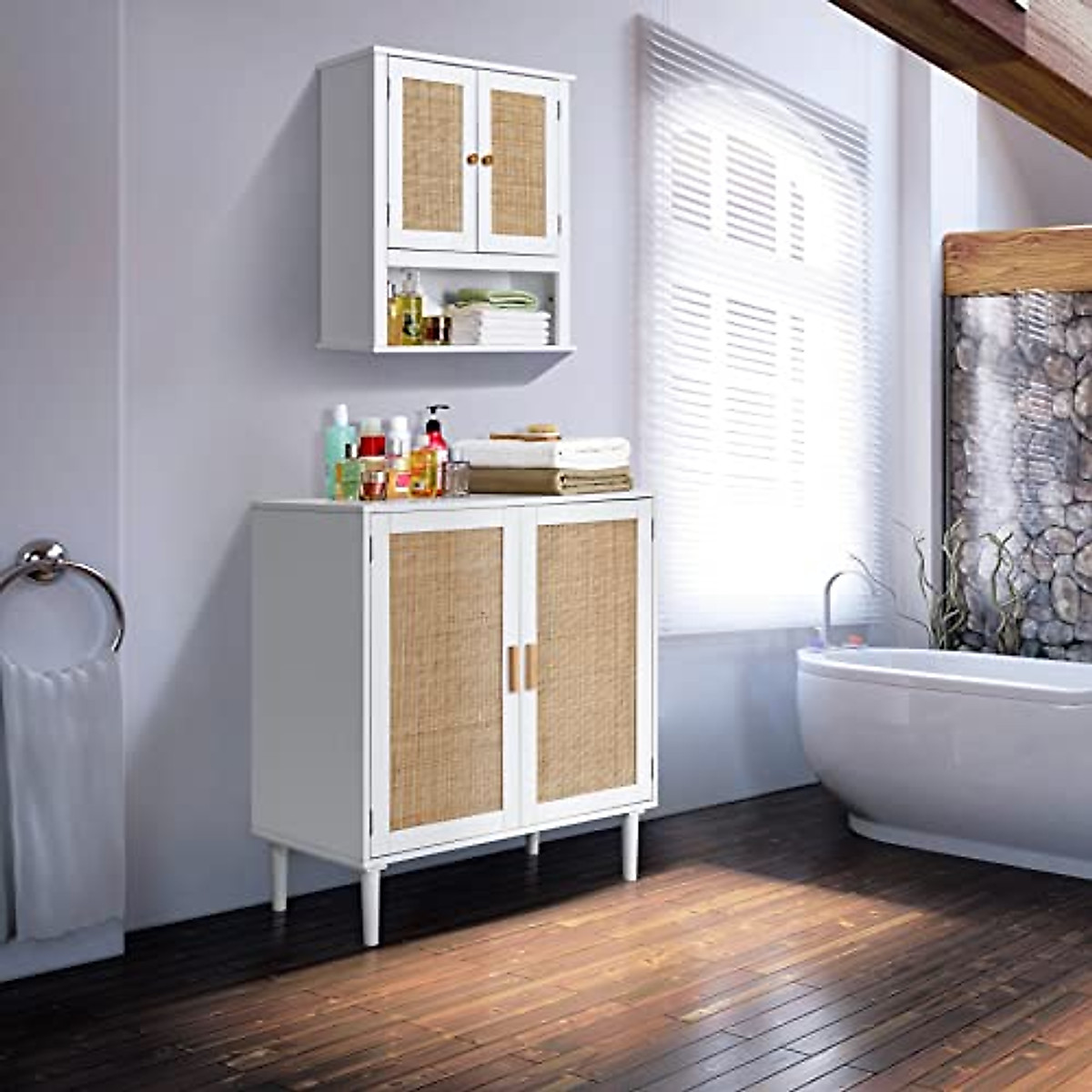 Finnhomy Bathroom Cabinet Wall Mounted, Bathroom Wall Cabinet with 2 Hand Made Rattan Doors and Adjustable Shelves, Over The Toilet Storage Cabinet, Medicine Cabinet for Bathroom Kitchen Laundry Room