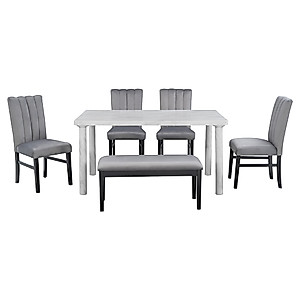 Harper & Bright Designs Dining Table Set for 6 with Marble Veneer Table and 4 Flannelette Upholstered Dining Chairs & Bench, 6 Piece Dining Room Table Set for Kitchen Living Room, White+Gray