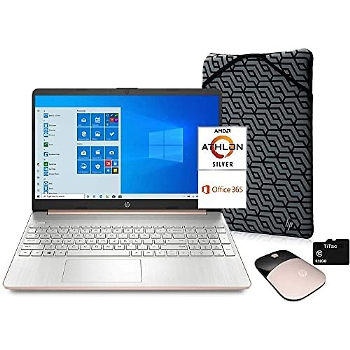 HP 2021 Pavilion 15 15.6" HD Laptop Computer, AMD Athlon Silver 3050U (Beats i3-7100U), 4GB DDR4, 128GB SSD, Webcam, USB-C, HDMI, 1 Year of Microsoft 365, Windows 10 S, Rose Gold, TiTac Accessory