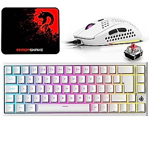 One 2 Mini 60% Wired Gaming Keyboard and Mouse Combo,Wired Chroma RGB Backlit+6400DPI Honeycomb Lightweight Mouse，Compact Anti-Ghosting Metal Panel WaterProof for PC Mac PS4 PS5 (White/Red Switch)