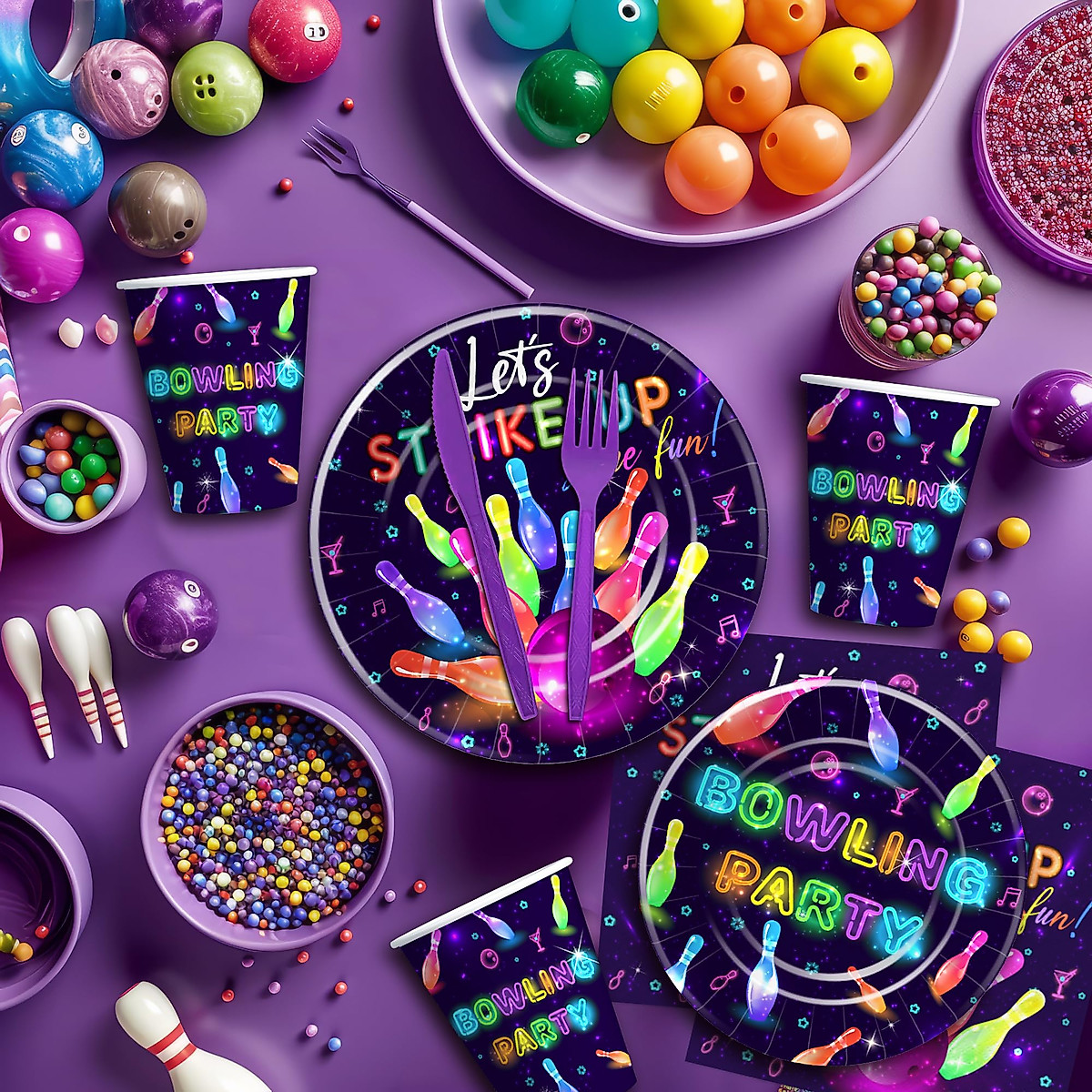 YJRJSC Bowling Birthday Party Supplies - Bowling Party Decorations Tableware, Paper Plate, Cup, Napkin, Fork, Strike Up Some Fun Bowling Ball Birthday Baby Shower Decorations Dinnerware | Serve 24