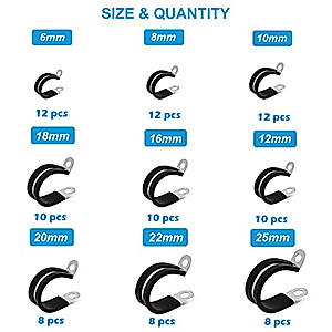 PEROMI 90PCS Cable Clamps Assortment Kit in 9 sizes 1/4" 3/8" 5/16" 1/2" 5/8" 7/10" 3/4" 7/8" 1", 304 Stainless Steel Rubber Cushioned Insulated Clamp, Loop Clamps, Pipe Clamps