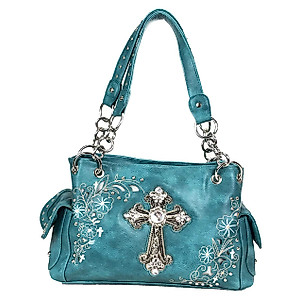 Zzfab Rhinestone Cross Embroidered Floral Western Handbag Turquoise
