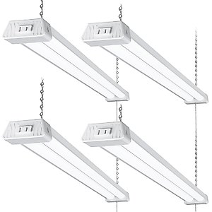 LEONLITE 4 Pack 4FT LED Shop Light, Linkable Utility Shop Lights, 40W, 5000K Daylight for Garages, Workshops, Hanging or FlushMount Linear Worklight Fixture with Power Cord with Pull Chain Switch