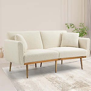 SZLIZCCC Accent Sofa, Mid Century Modern Teddy Velvet Fabric Couch， Convertible Futon Sofa Bed ，Recliner Couch Accent Sofa Loveseat Sofa with Gold Metal Feet (White Teddy)