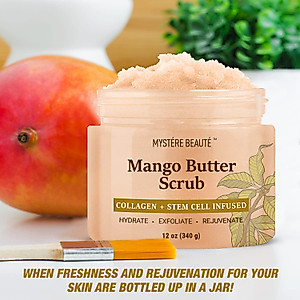 Mango Butter Body Scrub with Collagen and Stem Cells 12 oz - Exfoliating Salt Scrub for Cellulite - Deep Cleansing for Acne, Scars, Wrinkles - Moisturizes Skin