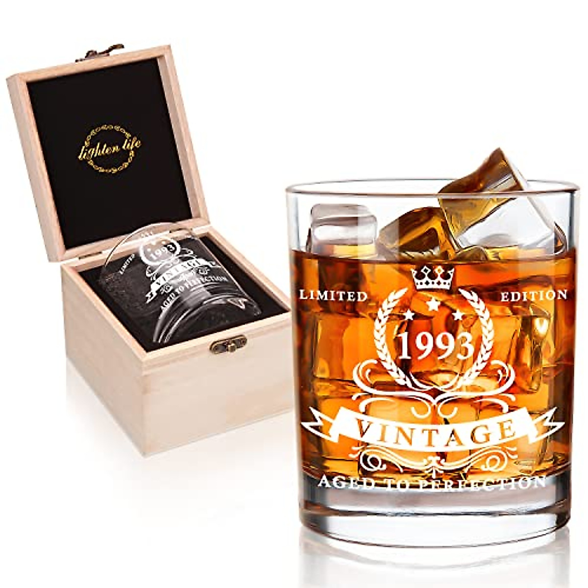LIGHTEN LIFE 30 Birthday Gifts for Men,1993 Whiskey Glass in Valued Wooden Box,Whiskey Bourbon Glass for 30 Years Old Dad,Husband,Friend,12 oz Old Fashioned Glass,30 Birthday Decorations for Him