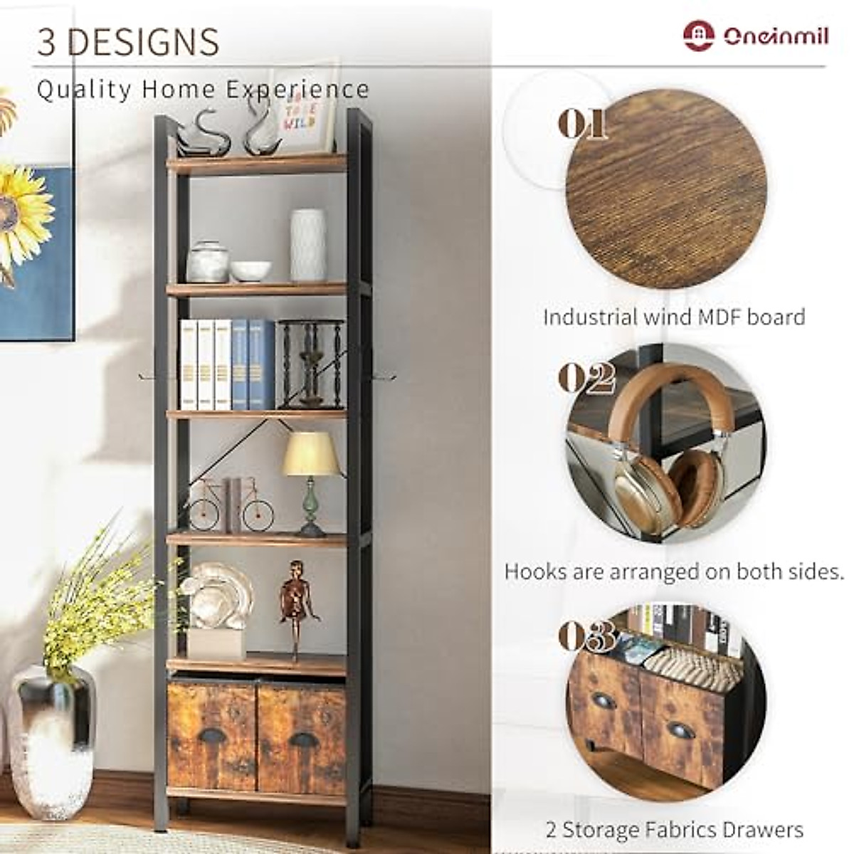 oneinmil 6-Tier Bookshelf with 2 Storage Drawers, Industrial Display Standing Shelf, Rustic Wood Storage Shelf with Metal Frame, Open Bookcases for Living Room, Bedroom, Home Office (Brown)
