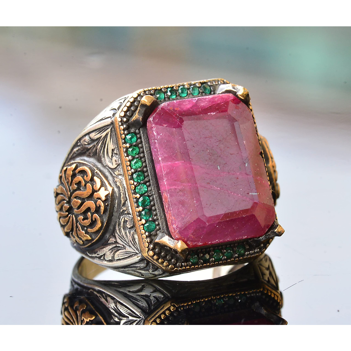 Falcon Jewelry Real Natural Ruby Gemstone Ring, 15.50 Carat, Sterling Silver Ring, Raw Stone, Byzantine Ring red