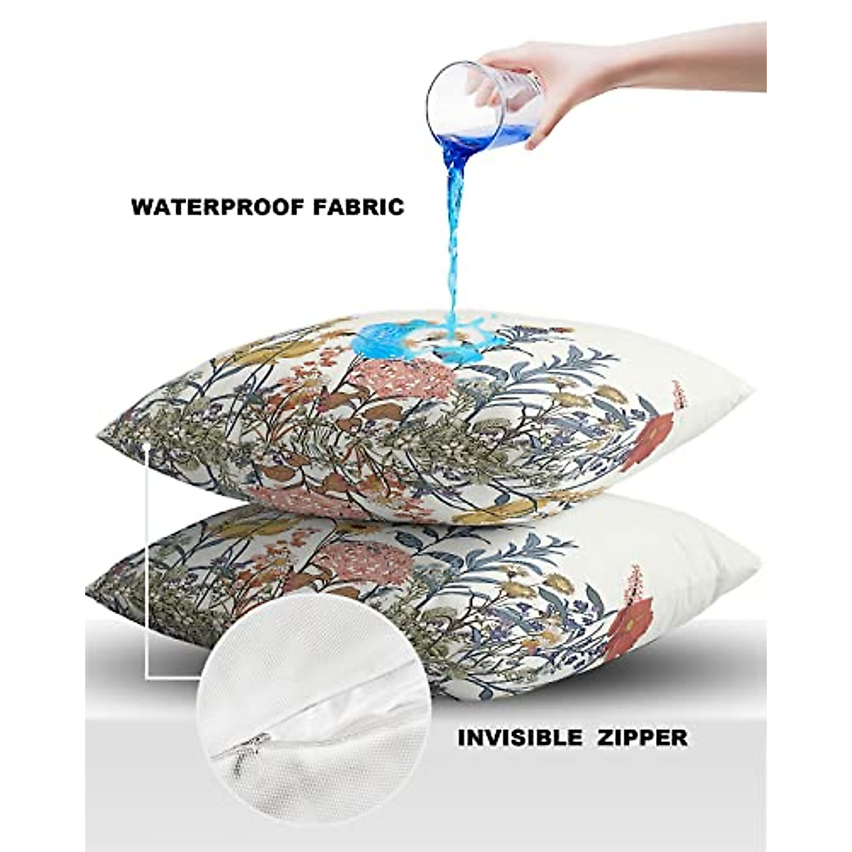 Outdoor Pillow Covers 18 x 18 Inches, Fall Wild Flowers Waterproof Throw Pillow Cover Set of 2, Rustic Autumn Botanical Leaves Home Decorative Square Cushion Covers for Patio/Tent/Couch/Garden