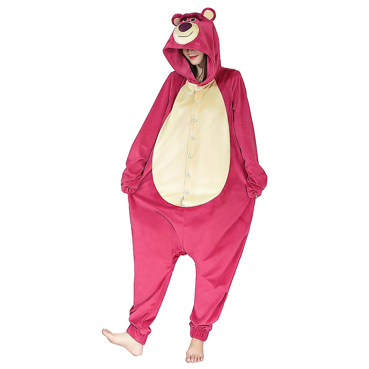 Ruleewe Unisex Bear Onesie Pajamas Pink Bear One Piece Cosplay Animal Hooded Velvet Jumpsuit Sleepwear
