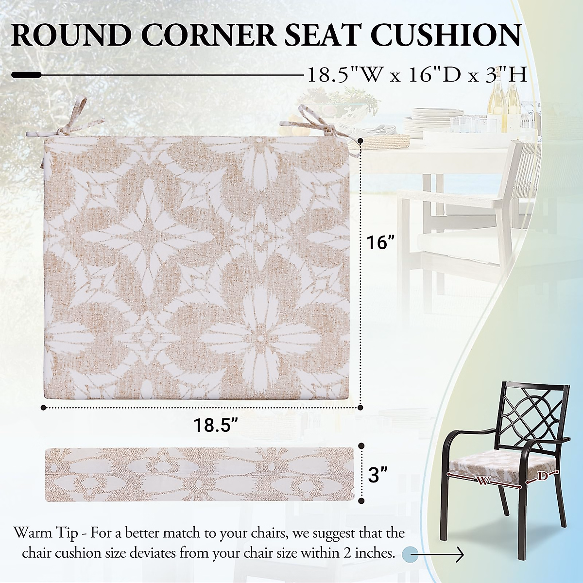 Wellsin Outdoor Chair Cushions for Patio Furniture - Outdoor Cushions for Chairs - Water Resistant Patio Chair Cushions Set of 4, 18.5"X16"X3", Flower Beige