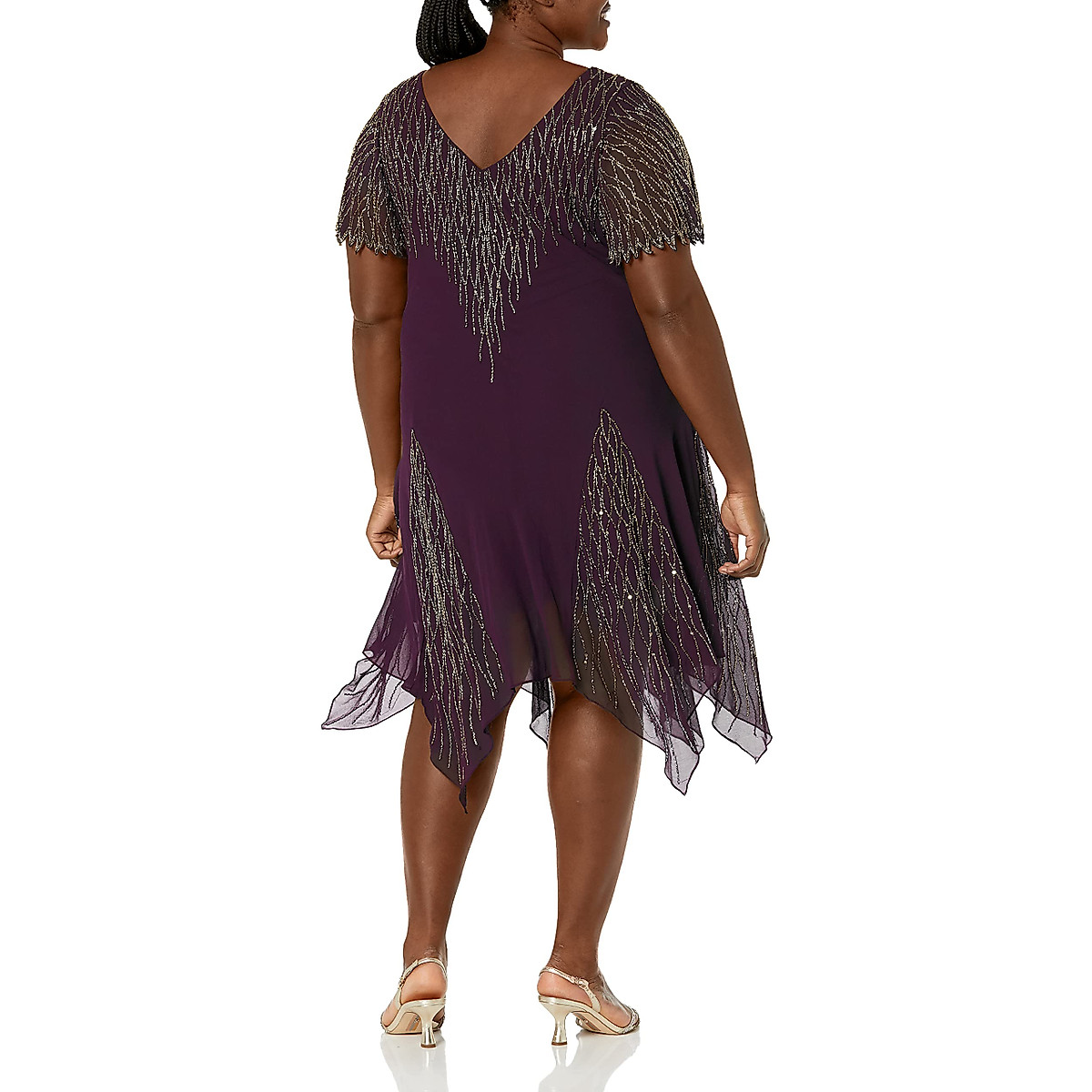 J Kara Women's Plus Size Short Beaded Godet Dress, Wine/Mercury, 20W