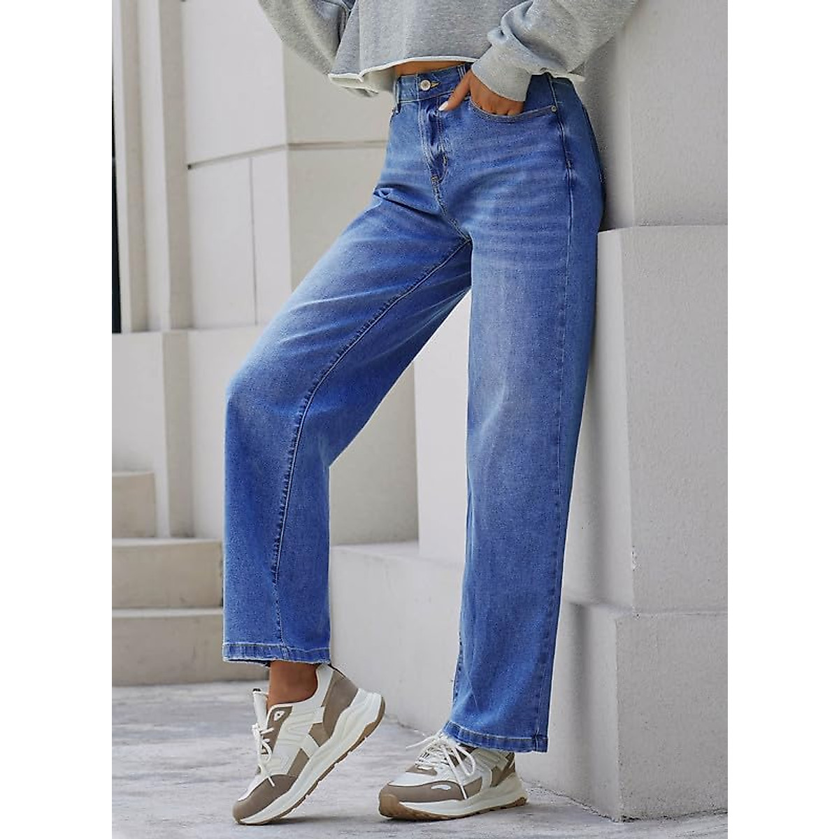 Dokotoo Womens Loose Casual High Waisted Baggy Jeans Stretch Boyfriend Straight Leg Denim Long Pants for Women Girls Sky Blue Size 10