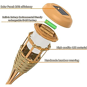 Evelynsun Flickering Flames Solar Powered Lights - Upgraded Solar Torches Waterproof Outdoor Decorative Lighting Auto On/Off, Handmade Bamboo Finish, 2-Pack