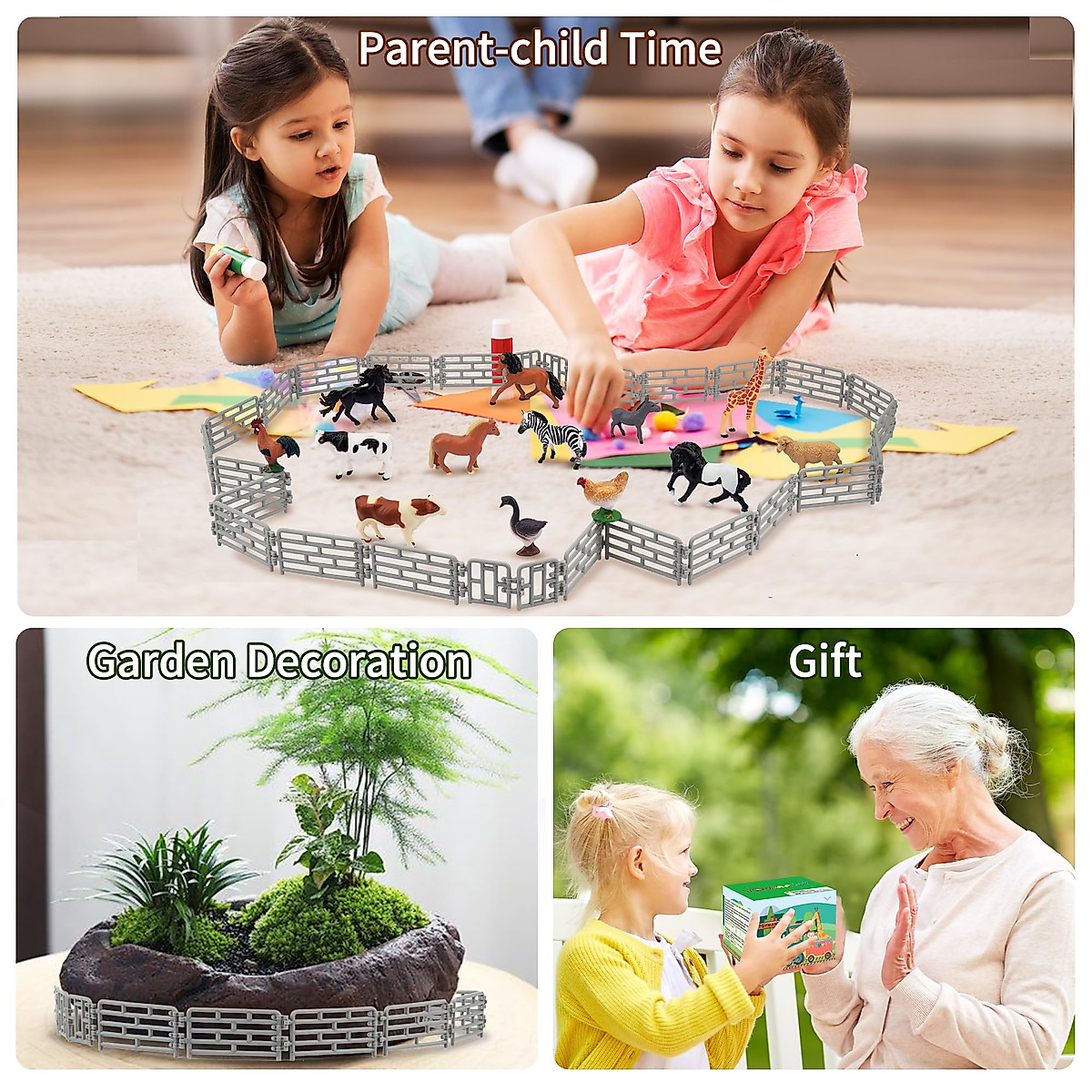 Toymany 64PCS Mini Toys Fence for Farm Animals - Tiny Horse Corral Plastic Fencing for Farm Barn Paddock Horses Figurines for Kids Toddlers