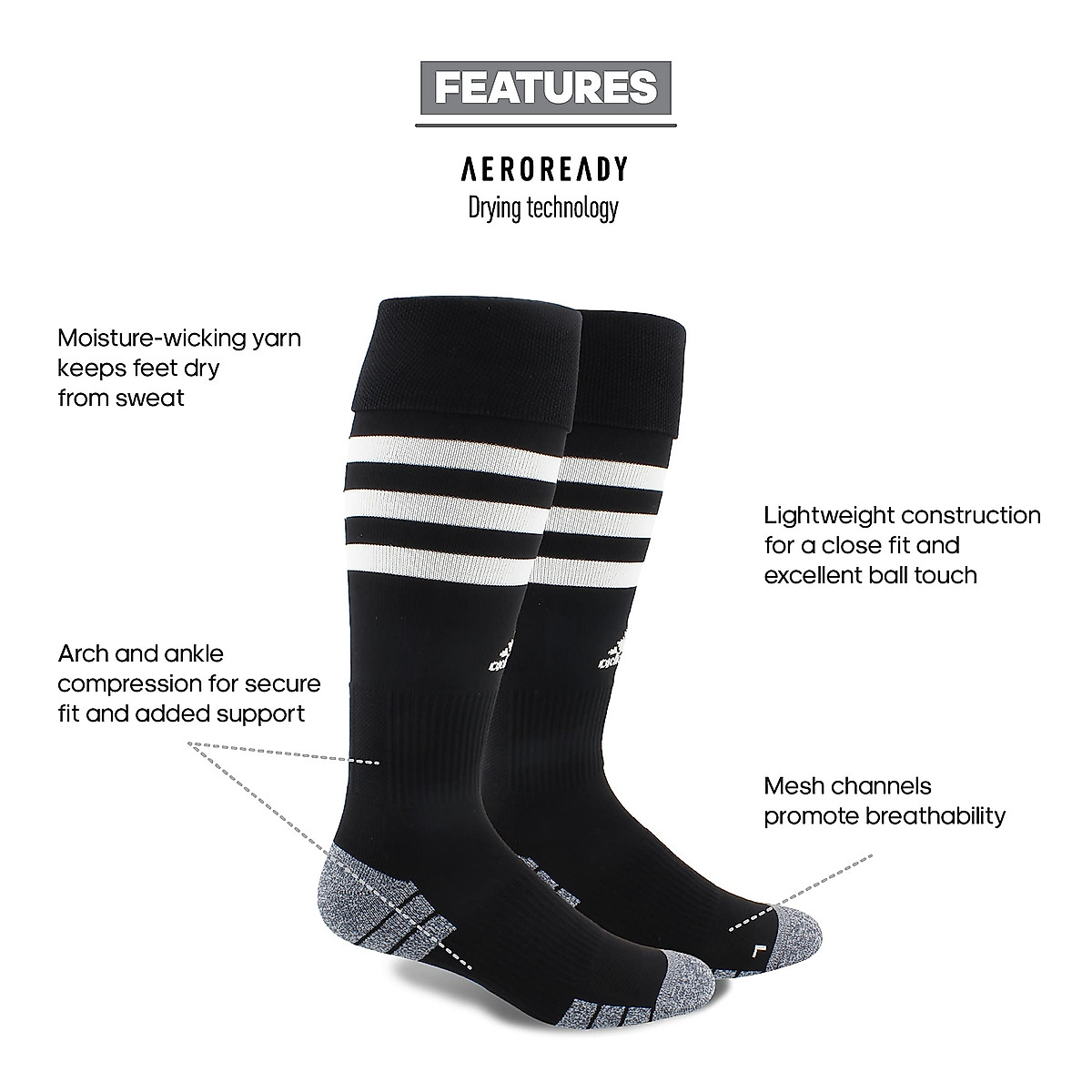 adidas 3-Stripe Hoop Soccer Socks (1-Pair) with Arch Compression for a Secure fit, Black/White, Small