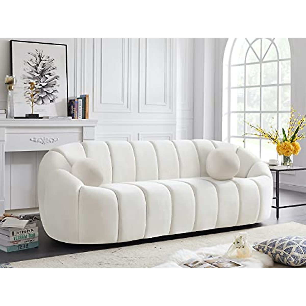 Meridian Furniture 613Cream-S Elijah Collection Modern | Contemporary Velvet Upholstered Sofa with Deep Channel Tufting