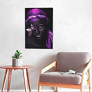 Siufgak Black Women Canvas Wall Art African American Purple Turban Butterfly Poster Black Art Fashion Contemporary Artwork For Living Room Bedroom (16"X24" Unframed)
