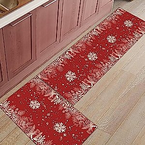 Christmas 2Pcs Kitchen Rugs, Anti Fatigue Kitchen Mat Non Slip Rug Runner Comfort Standing Floor Mats Kitchen Carpet Set for Sink, Laundry - Christmas Snowflakes with Plants Red Texture