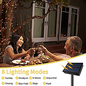 MZD8391 300LED Outdoor Solar String Lights with 8 Lighting Modes, 105 Feet Waterproof Solar Powered Lights for Indoor Outdoor Christmas Patio Garden Yard Wedding Party Tent Tree Decor, Warm White