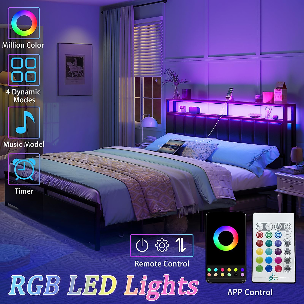 AMERLIFE LED Bed Frame with Drawers, Queen Platform Bed Frame with 2-Tier Storage & Leather Upholstered & Charging Station Headboard, No Box Spring Needed, Easy Assembly, Noise Free, Black