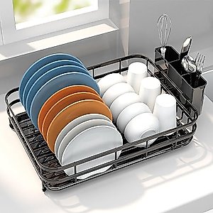 LKKL Dish Drying Rack, Large Capacity Dish Rack for Kitchen Counter, Extendable Dish Rack, Anti-Rust Stainless Steel Dish Drainer with Utensil Holder Cups Holder, Black
