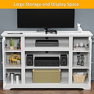 HolliWill 48" Glass Door TV Stand, White TV Stand for 55 inch TV, Farmhouse TV Stand with Storage Cabinet, Small Entertainment Center and Ideal Media Storage for Living Room