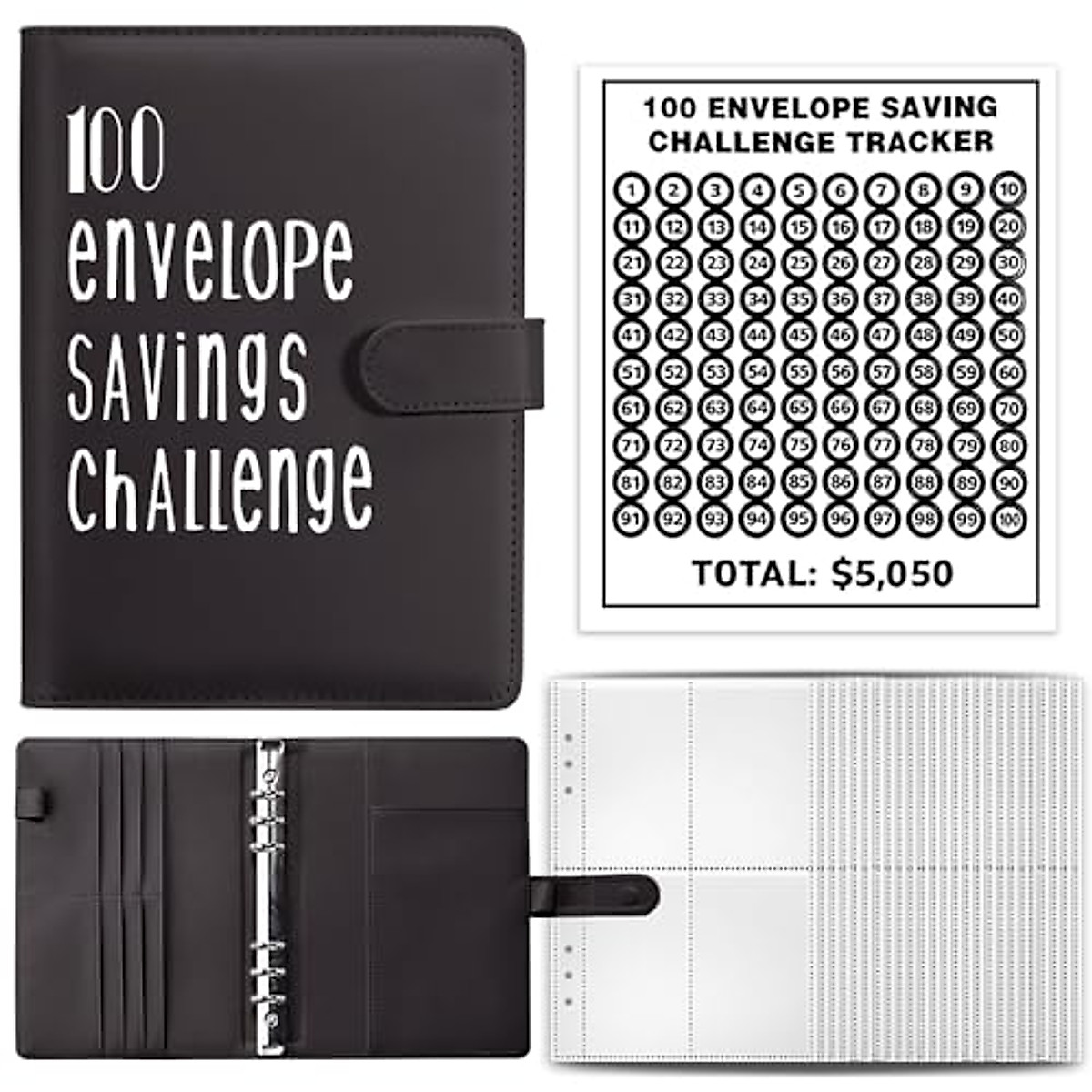 Sfocgoi 100 Envelopes Money Saving Challenge, 2025 A5 Money Saving Budget Binder, Savings Challenges Book and Digital Stickers, Easy and Fun Way to Save $5,050,Suitable for offices, homes (Black)