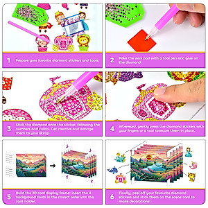 Diamond Art Painting Stickers Kits, 56 PCS 5D DIY Diamond Art Stickers for Beginners, Cute Animals, Princesses, Unicorns Gem Stickers Crafts for Kids, Gift for Girls (with 3D Background Display Card)
