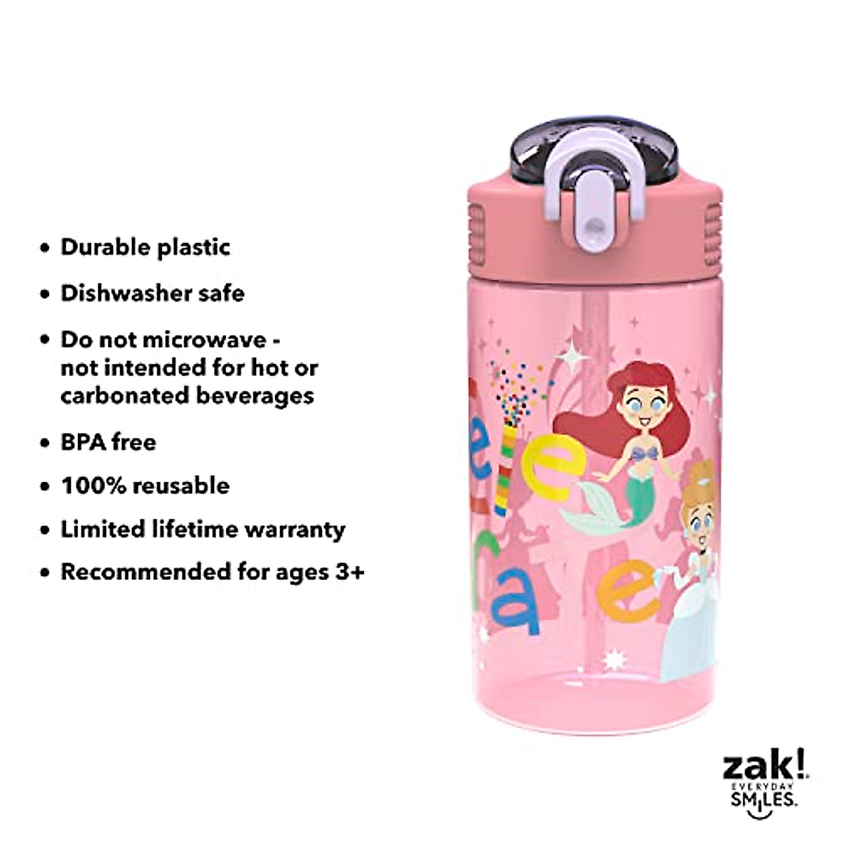 Zak Designs Kids Water Bottle For School or Travel, 16oz 2-Pack Durable Plastic Water Bottle With Straw, Handle, and Leak-Proof, Pop-Up Spout Cover (Disney 100 Princess, Limited Edition)