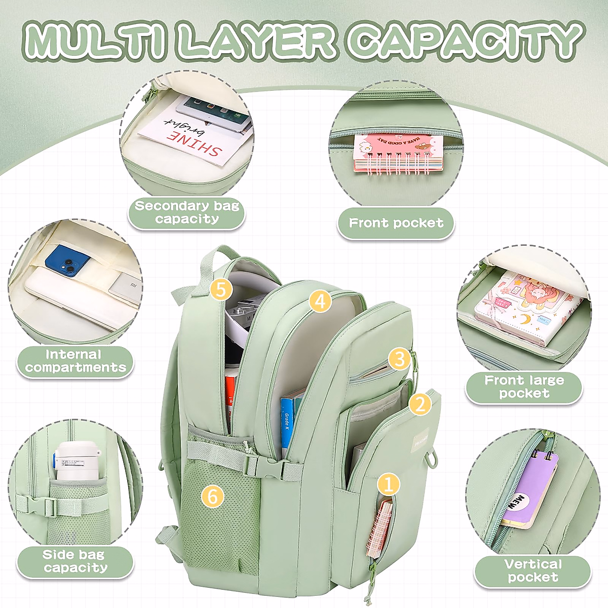 PRAGARI Kids Backpack for School Cute Aesthetic Green Backpack Girls Student Bookbag Women Travel Lightweight Book Bag