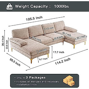 VERYKE U Shape Sectional Sofa Couch,Modern 110'' Chenille Fabric Sectional Couch Sofa, Upholstered Sofa Bed with Golden Metal Legs for Living Room