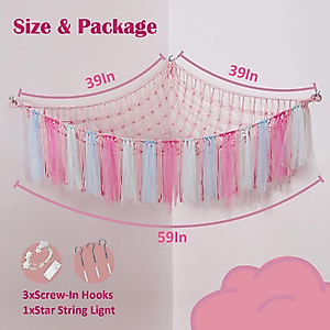 MKO SHUN Stuffed Animal Toys Hammock with LED Light, Stuffed Doll Hanging Corner Holder for Home Storage, Large Hanging Net -Display Teddies for Bedroom, Pink Decor Organizer