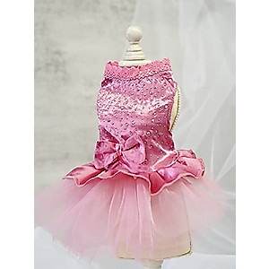 QWINEE Bow Decor Dog Dresses,Sweet Princess Cat Dress Puppy Skirt,Dog Mesh Cake Tutu Dress,Birthday Wedding Party Pet Clothes for Cat Small Medium Dog Doggie Girl Coral Pink M