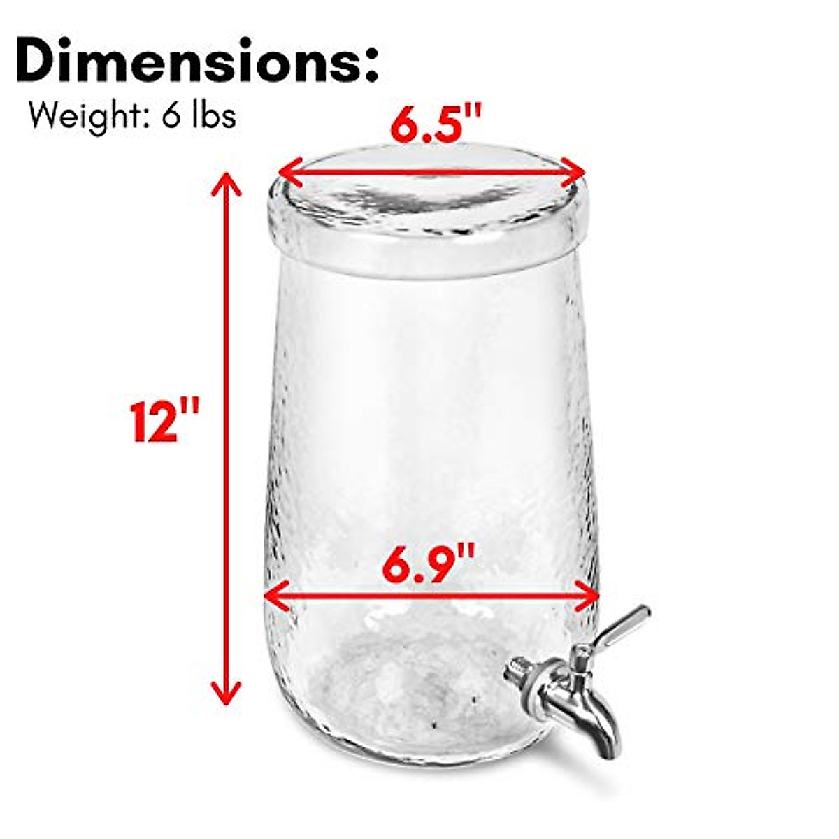 BirdRock Home 1.5 Gallon Hammered Glass Beverage Dispenser with Lid - Stainless Steel Spigot - Decorative Round Jar for Drinks - Lemonade Sangria Tea Water Drink Jar Jug - Home Parties