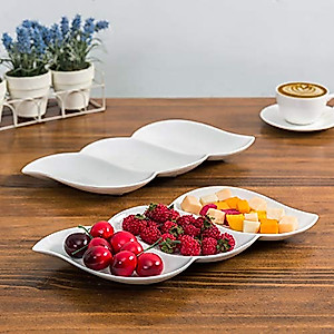MyGift Set of 2 White Ceramic Relish Tray Appetizer Serving Platter with Wave Design, Divided Snack Tray, Charcuterie, Food, Dessert Platters, 13.5 x 6.5 Inch