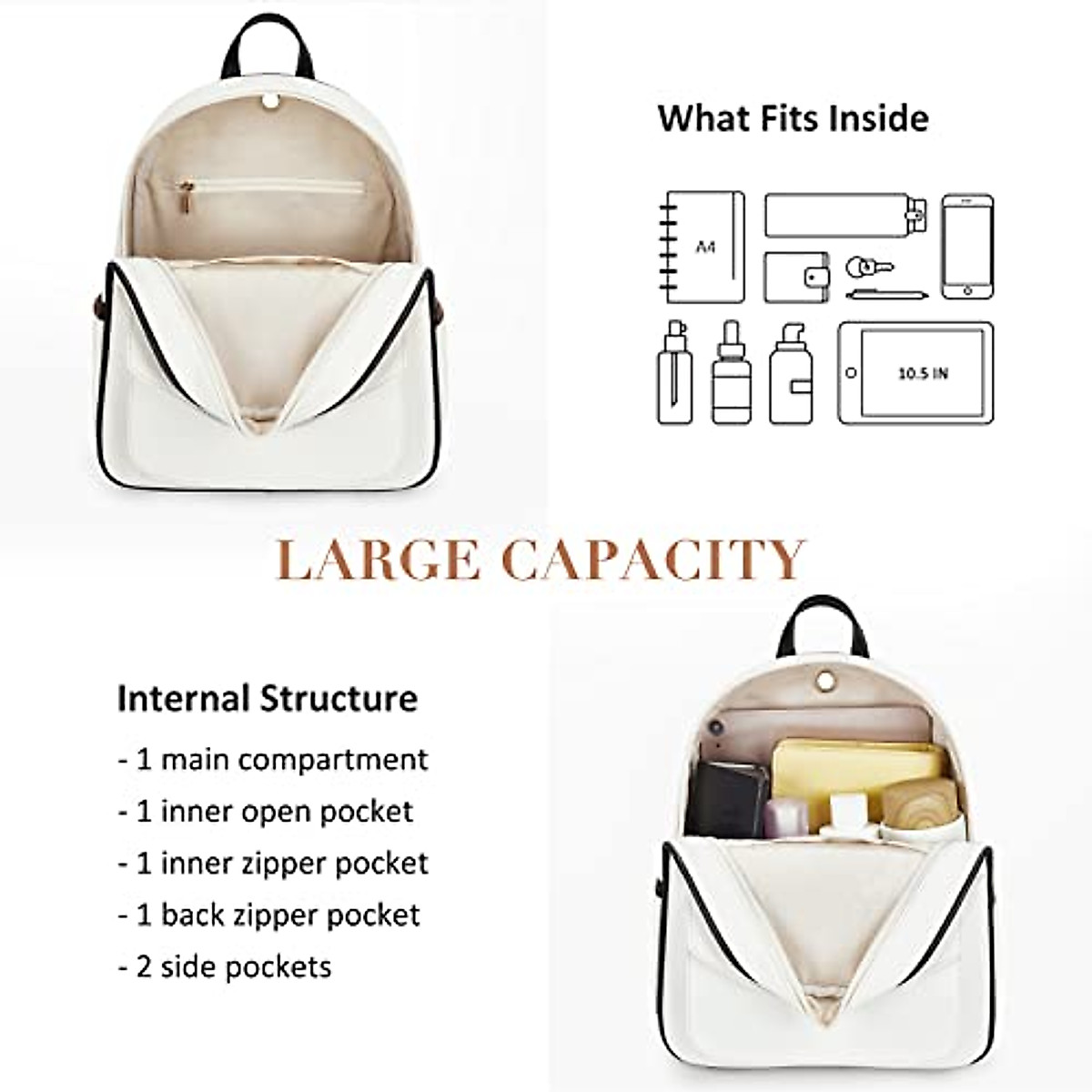 ECOSUSI Women Backpack Purse Water Resistant PU Leather Backpack Fashion Rucksack Ladies College Daypack with Tassel,3 Pcs (Black & Beige)