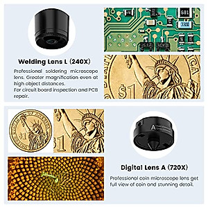 3 Lens 7 inch HDMI Digital Microscope 2000X for Soldering with 13'' Arm Boom Stand LINKMICRO LM246MS UHD 2160P Error Coin Microscope Full View of Coins, Microscope Kit for Adults, PCB Repair DIY