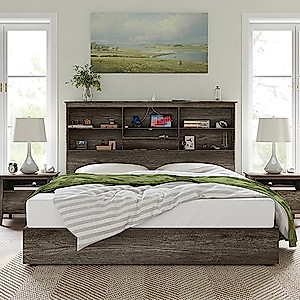 AMERLIFE King Size Bed Frame Wooden Platform Bed with 51.2'' Storage Bookcase Headboard, 4 Storage Drawers & Charging Station/No Box Spring Needed/Noise Free/Rustic Grey,WBF-142