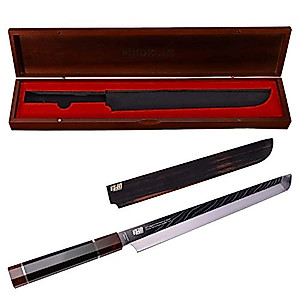 FINDKING Prestige Series Sakimaru Knife with Walnut Cover, Japanese SKD11 Damascus Steel Blade, Ebony Wood Octagonal Handle, Professional Sashimi Sushi Fish Knife (10.5 Inches, with Wooden Gift Box)
