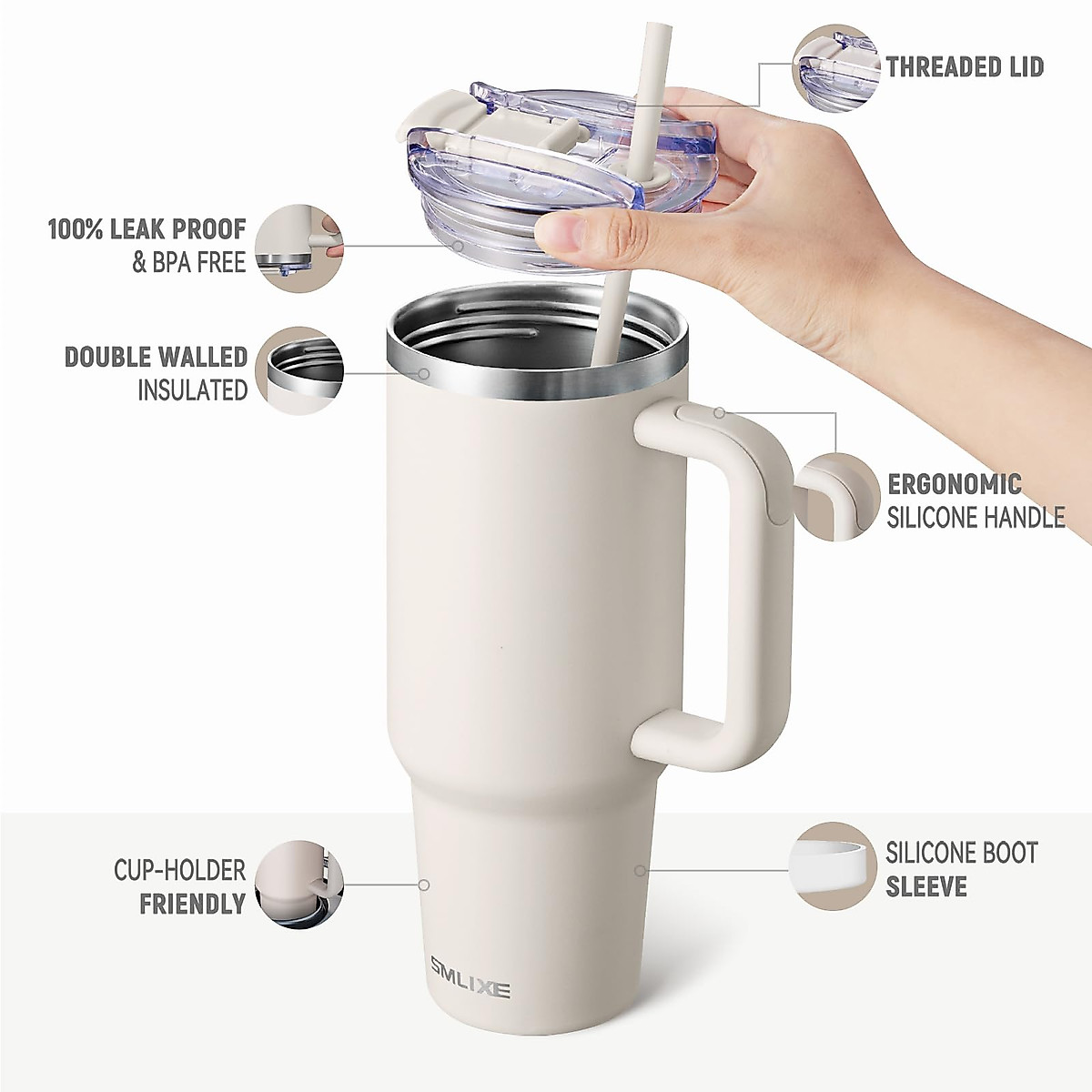 SMLIXE 40 oz Tumbler with Handle and Straw Lid,Insulated Reusable Stainless Steel Water Bottle Travel Mug，Cupholder Friendly Double Wall Vacuum Sealed Cup (Almond Birch)