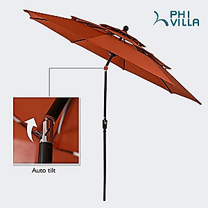 PHI VILLA 10ft Patio Umbrella Outdoor 3 Tier Vented Market Table Umbrella with 1.5" Aluminum Pole and 8 Sturdy Ribs, (Orange Red)