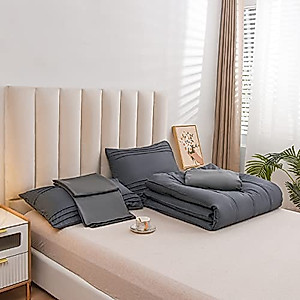 Holawakaka Grey Pleated Comforter Set with Sheets, Full/Queen Size Textured Striped Bedding Sets, Ruched Bed in A Bag 5pcs, Dark Grey